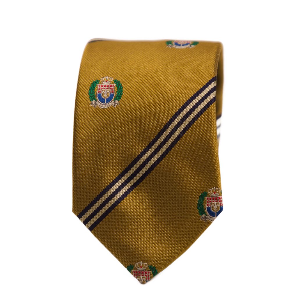 Yellow regimental silk tie with stripes and logos - Vandomaties